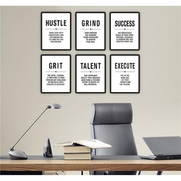 Art | Office Work Hustle Motivational Poster B W 6 Prints White Black ...